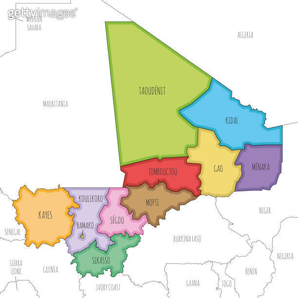 Vector illustrated map of Mali with regions, capital district and ...