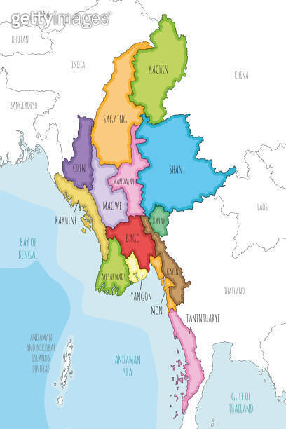 Vector illustrated map of Myanmar with regions, states and ...