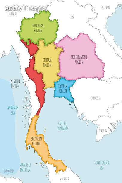 Vector illustrated map of Thailand with regions and administrative divisions, and neighbouring ...