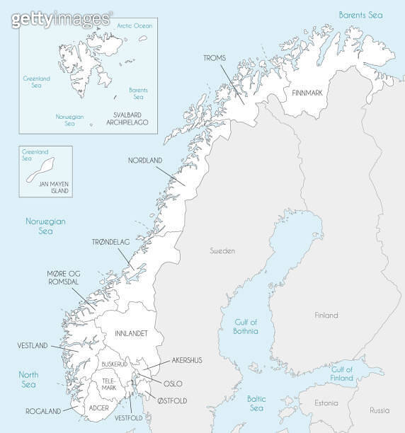 Vector regional map of Norway with counties and territories, and ...