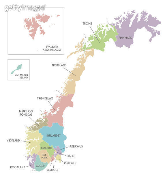 Vector regional map of Norway with counties and territories, and ...