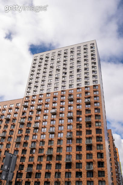 New buildings in Moscow, high-rise bright creative house and against ...