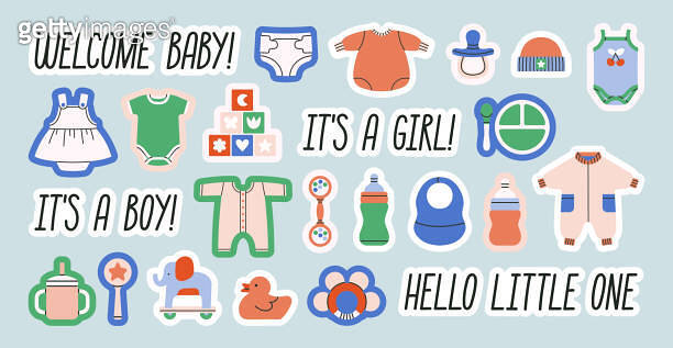 Big set of stickers with clothes, toys and products for newborn babies ...