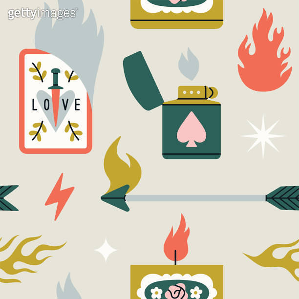 Seamless pattern with fire elements. Candle, lighter, tarot card, flame ...