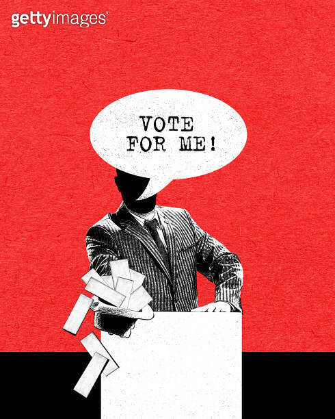 Man, presidential candidate holding ballots and asking to vote for him ...