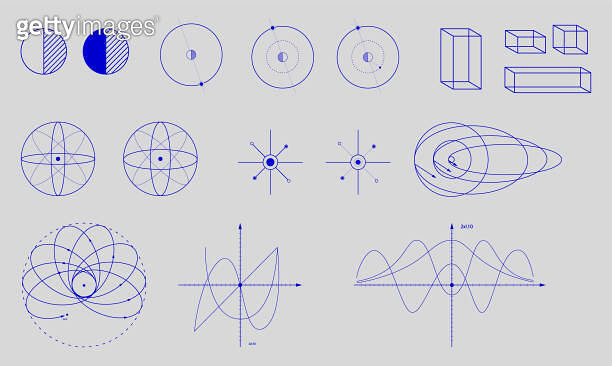 Set of various mathematical and geometric diagrams, shapes in blue ...