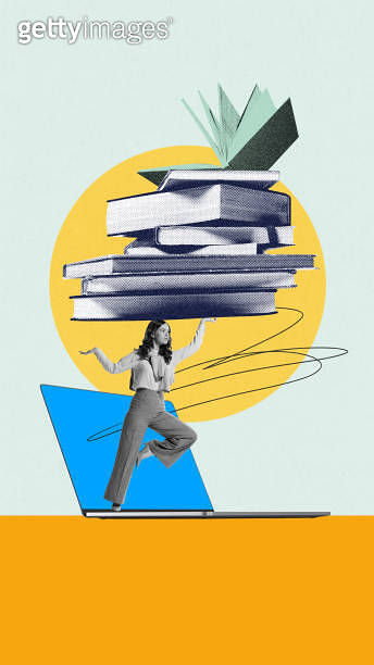 Woman balancing on one leg with stacks of books on head. Large laptop ...