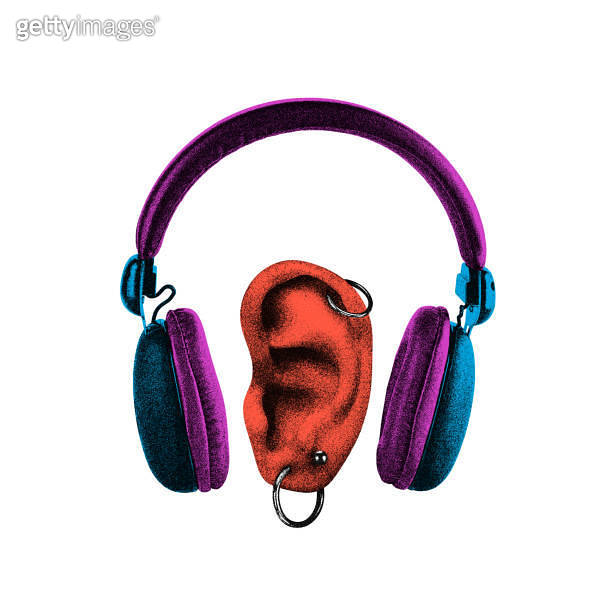 Human ear with piercing and headphones against white background. Grainy ...