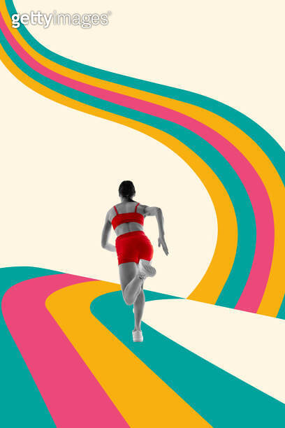 Dynamic image of female runner in motion on vibrant, curving tracks, symbolizing motion ...