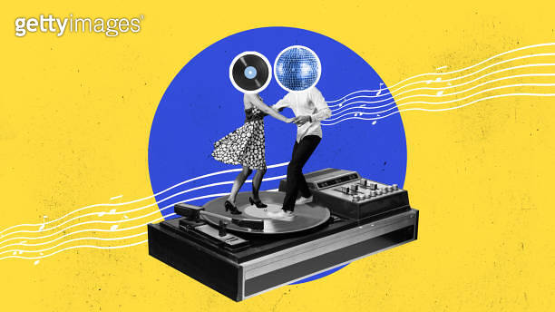 Man and woman with disco ball and vinyl record on heads dancing on ...