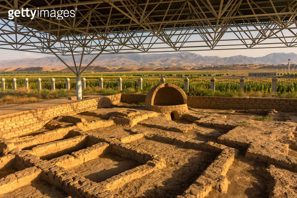 Archeological UNESCO site of Ancient Sarazm at sunset, 4th millennium ...