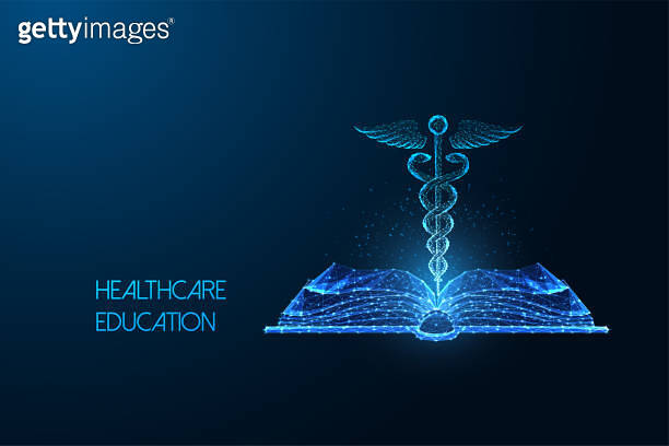 Healthcare education futuristic concept with open book and caduceus ...