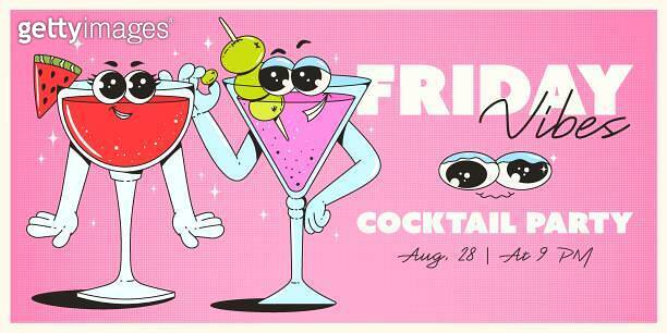 Retro Groovy Party Invitation. Funky cocktail characters. Vintage ...