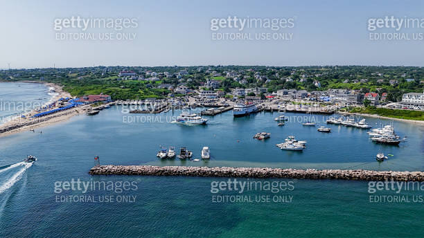 Aerial image of Block Island fast ferry Athena, departing Old Harbor ...