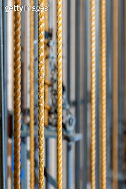 Vertical image. Theater stage rigging with theatrical equipment ...