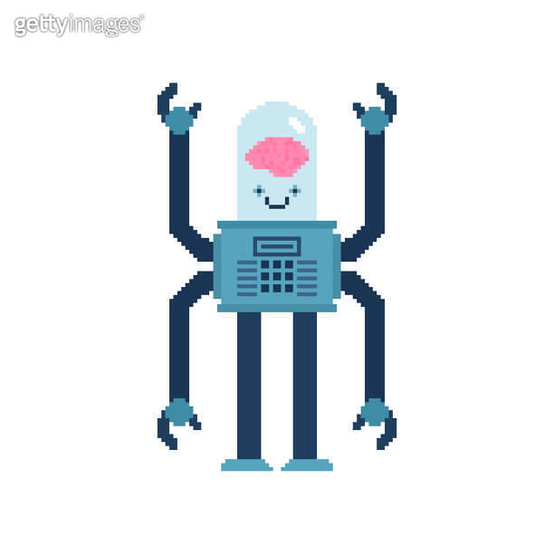Robot with brain artificial intelligence Pixel art. 8 bit Retro cyborg ...