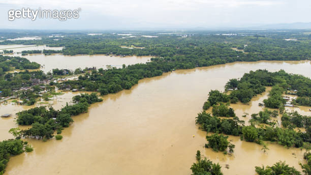 Aerial view of small town been flooded countryside neighbourhood in ...