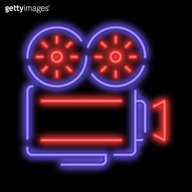 Neon glowing old camcorder. Filming movie on retro instrument. Film ...