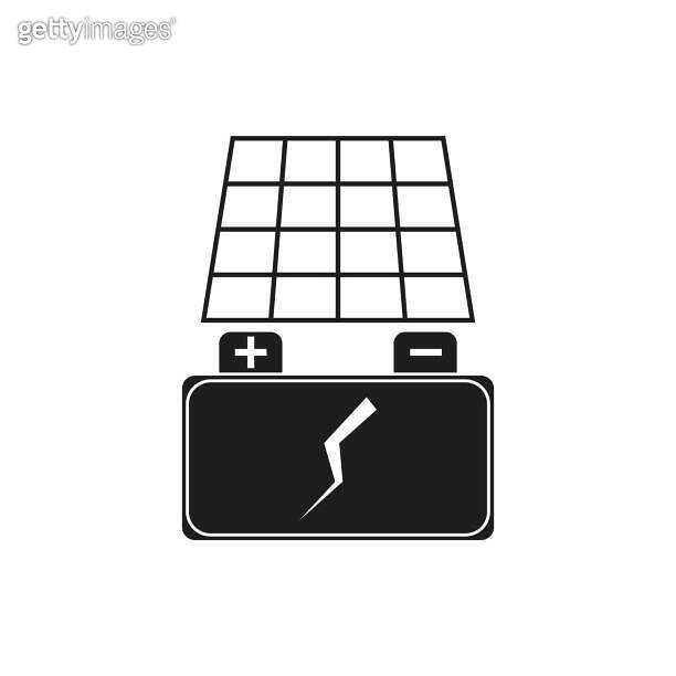 Solar panel and battery icon. Black simple shapes. Energy storage ...