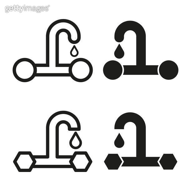Set of water faucet icons. Tap with drop symbol. Plumbing elements ...