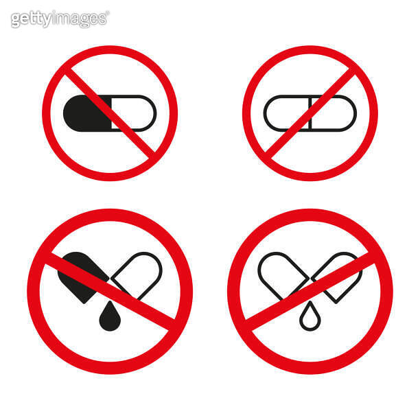 Prohibited medication symbols. No pills or drugs allowed signs ...