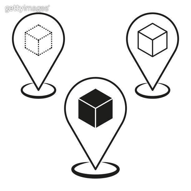 Geometric location pins with cube icons. Simple navigation markers. 3D ...