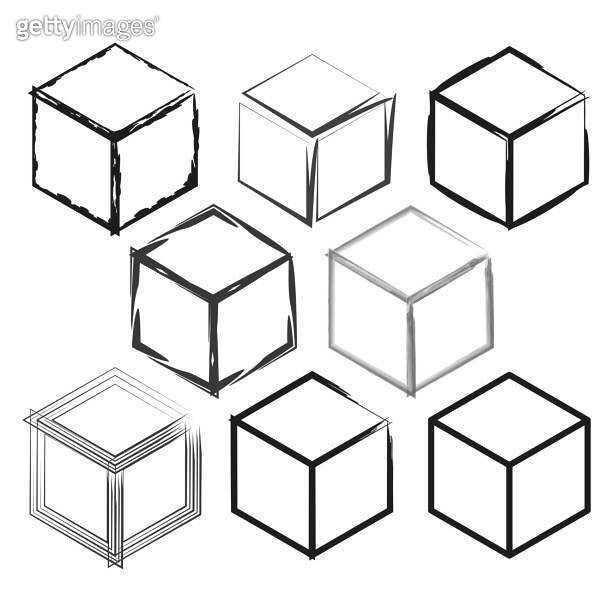 Collection of cube sketches. Various styles of 3D boxes. Geometric ...