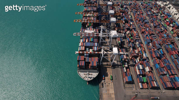 Rear view cargo container ship. Business logistic transportation sea ...