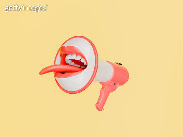 Megaphone with Stylized Tongue and Teeth on Yellow Background ...