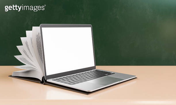 Laptop Combined with Open Book on Desk in Front of Green Chalkboard 이미지 ...