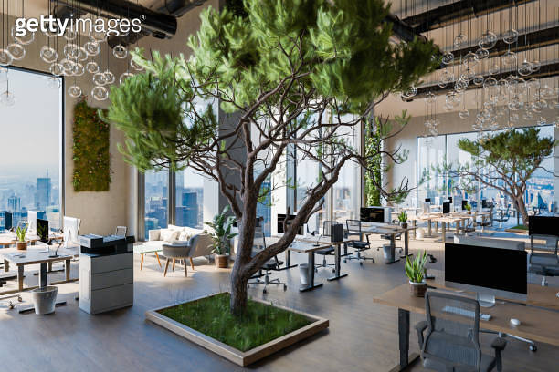 large innovative open space office with tech industry workplaces and ...