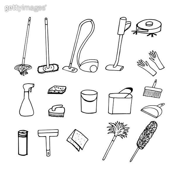 cleaning set hand drawn in doodle style. vacuum cleaner, mop, bucket ...