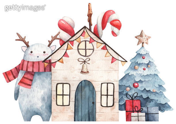 Christmas fairy tale illustration with cute yeti with scarf, cozy house ...