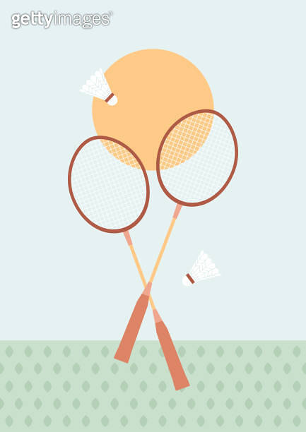 Badminton rackets and shuttlecock on abstract grass pattern and sun in ...