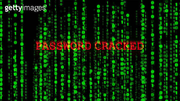 Green matrix digital binary code falling with warning system password cracked alert. Motion ...