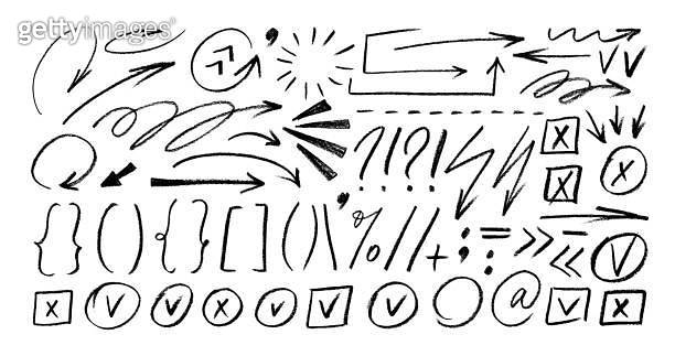 Charcoal doodle arrows, brackets, check marks and other emphasizes ...