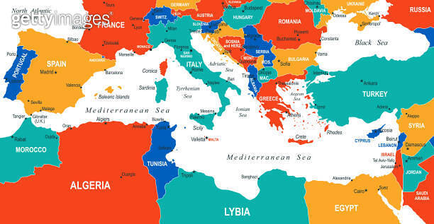 Mediterranean Sea Region Map. Vector colored map of Mediterranean Sea ...