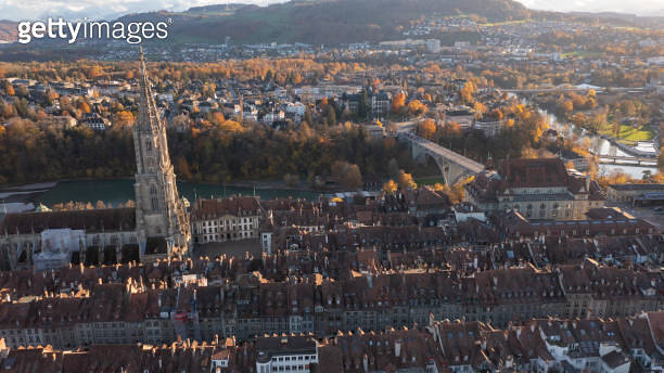 aerial view the Kirchenfeld bridge above the Aare river in Bern with ...