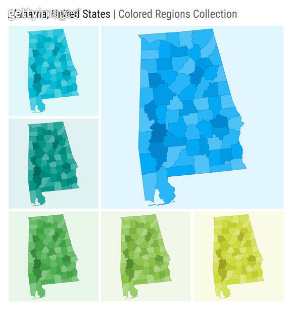 Alabama, United States. Map collection. State shape. Colored counties ...