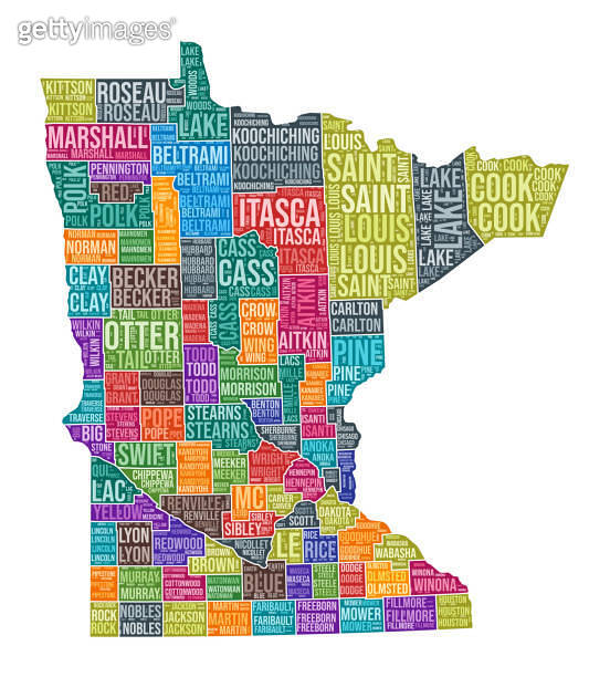 Minnesota shape. State word cloud with county division. Minnesota ...