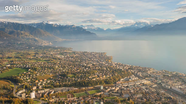 Drone aerial view of Aerial view of Lavaux and vevey province beautiful ...