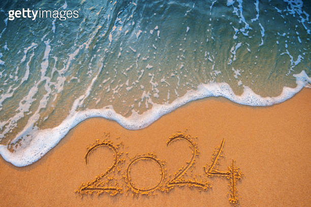 Happy New Year 2024 Text on Tropical Beach Sand and Turquoise Water ...