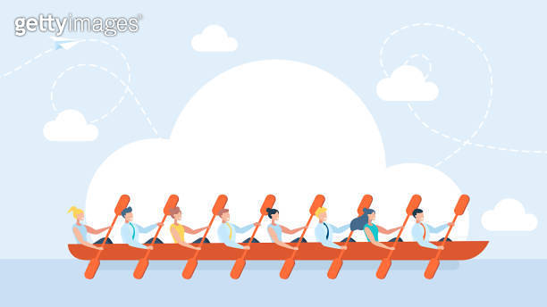 A large business team. Many people. Rowing teamwork. People group with ...
