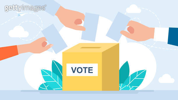 Voting concept. Hands putting paper in the ballot box. Vote ballot box ...