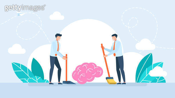 The human brain gets rid of bad thoughts. Two men sweep the brain into ...