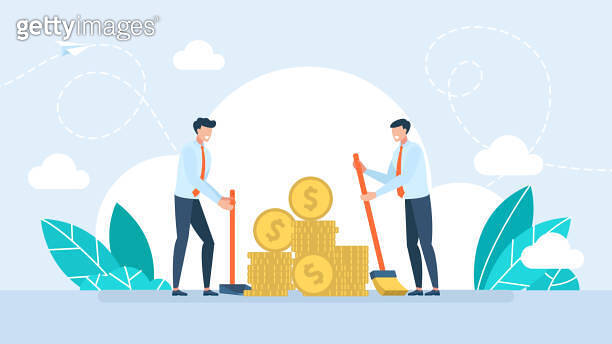 Two businessmen sweep up money. Concept of wealth, shovel money, target ...