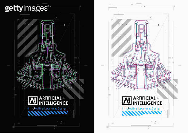 Robot with artificial intelligence working with virtual interface. Big data. AI concept. Robot ...