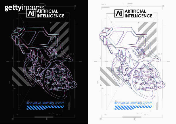 Robot with artificial intelligence working with virtual interface. Big data. AI concept. Robot ...