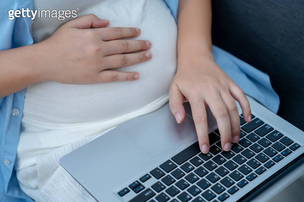 Pregnancy mother using laptop computer in living room Pregnant woman ...