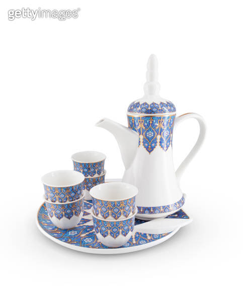 Porcelain Arabic traditional teapot, Coffeepot, cups and tray isolated ...